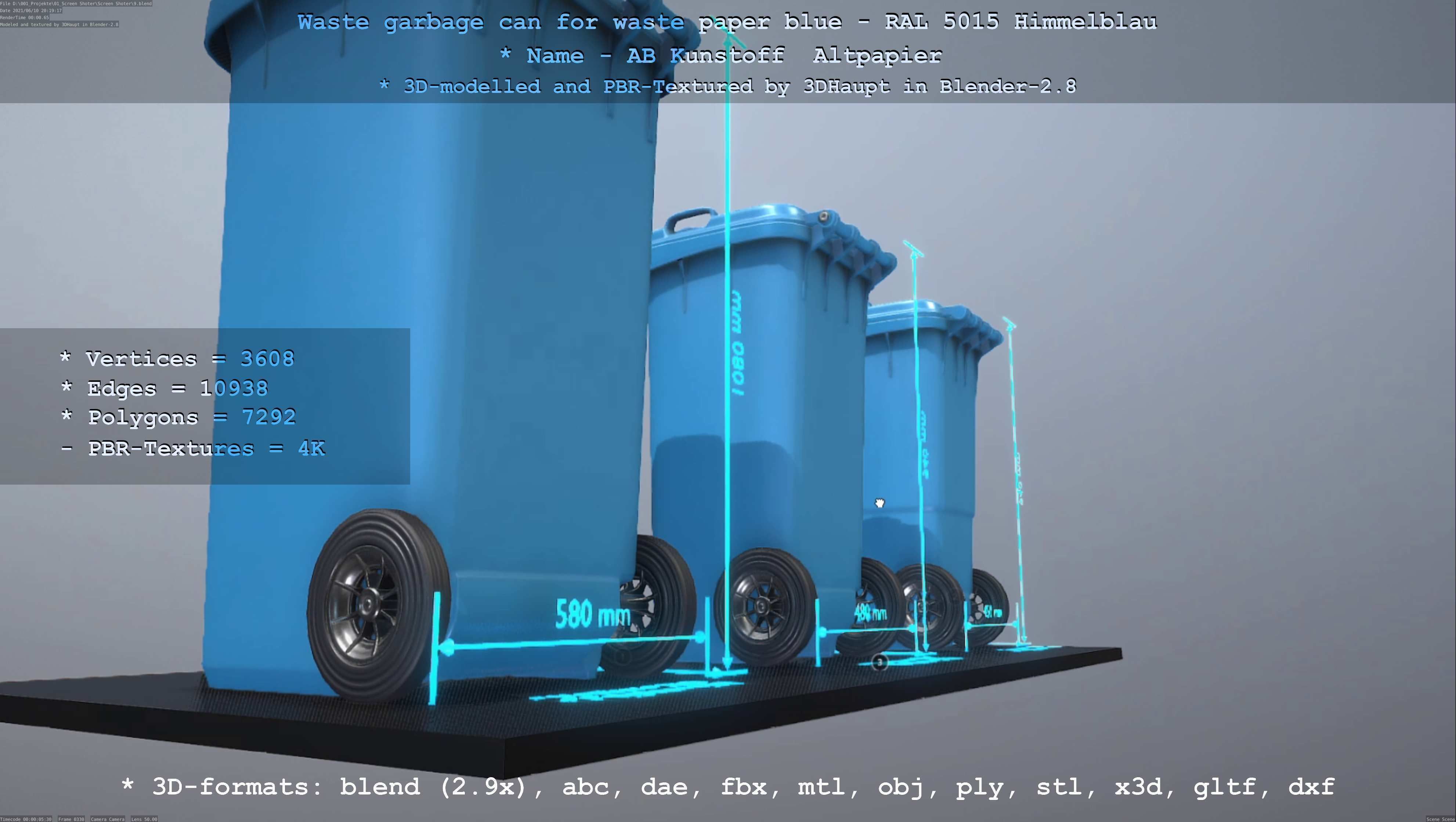 3D model Waste garbage can for waste paper blue - RAL 5015 Himmelblau ...