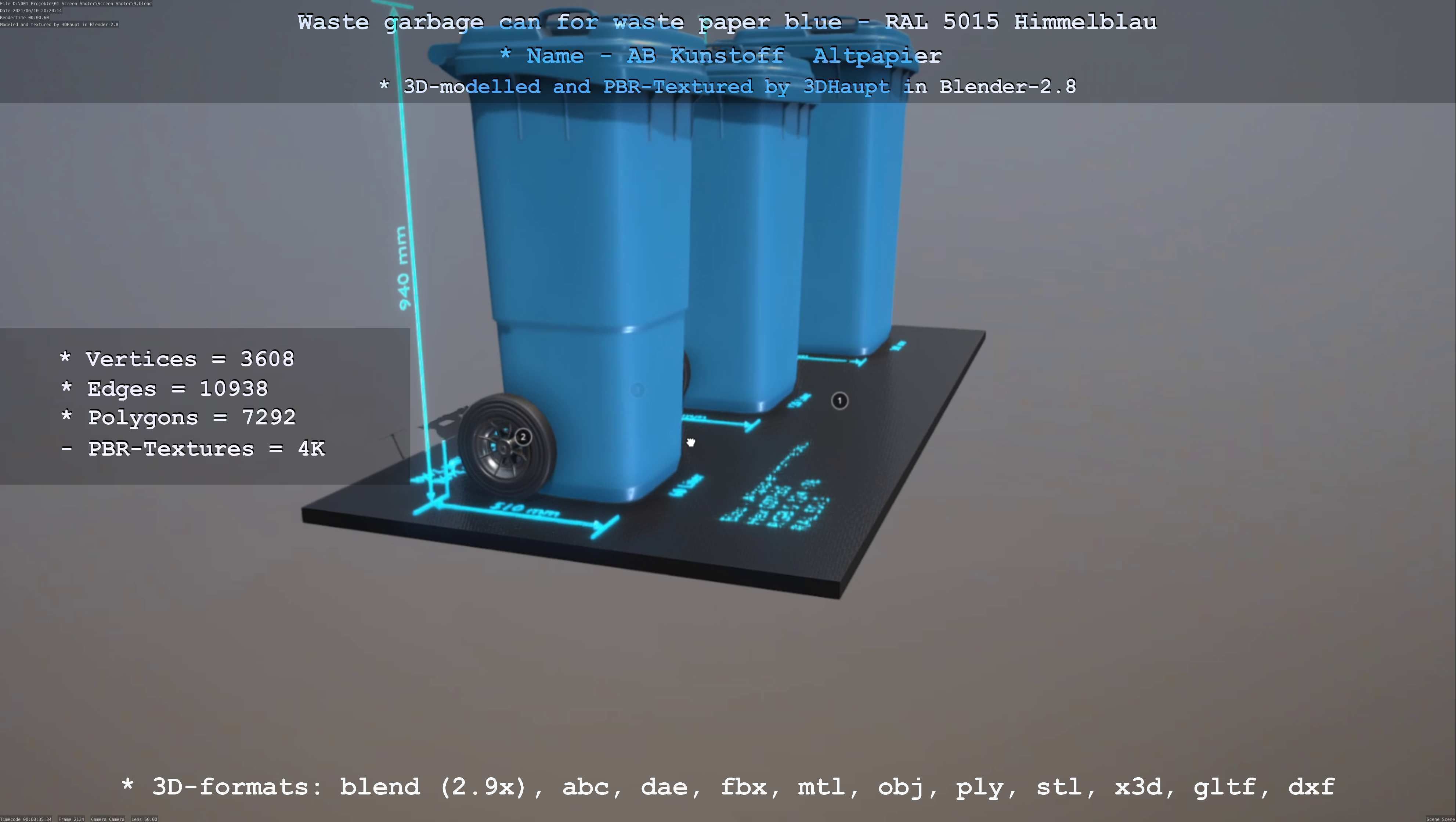 3D model Waste garbage can for waste paper blue - RAL 5015 Himmelblau ...