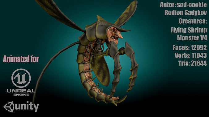 3D model Flying Shrimp Monster V4 VR / AR / low-poly rigged animated ...