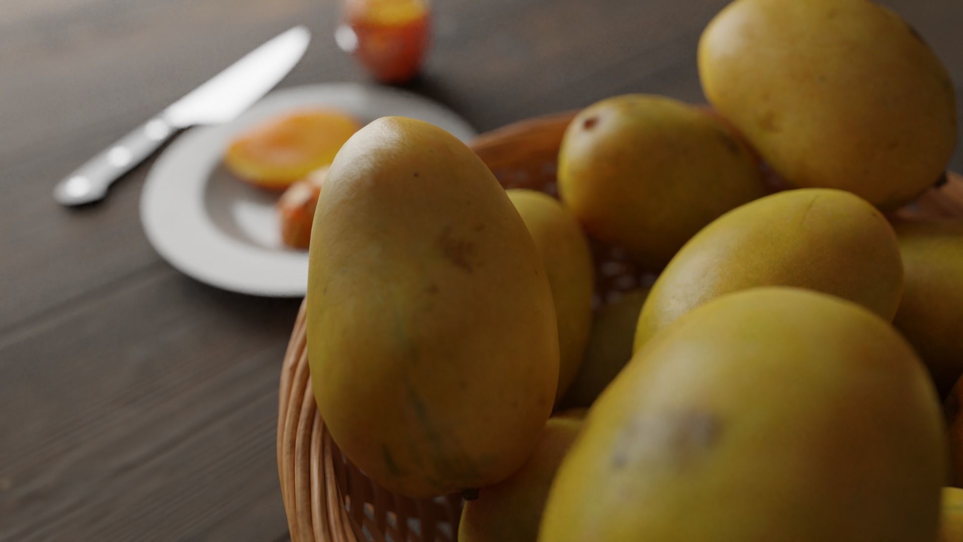 3D model Mangoes bowl of and knife on wooden table VR / AR / low-poly ...