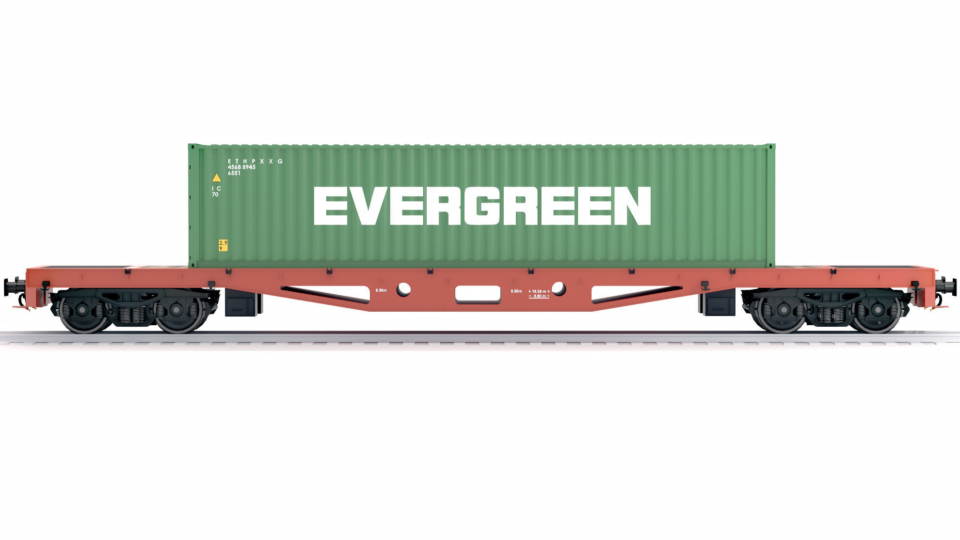 Flat Rail Car Evergreen Shipping Container 3D model | CGTrader