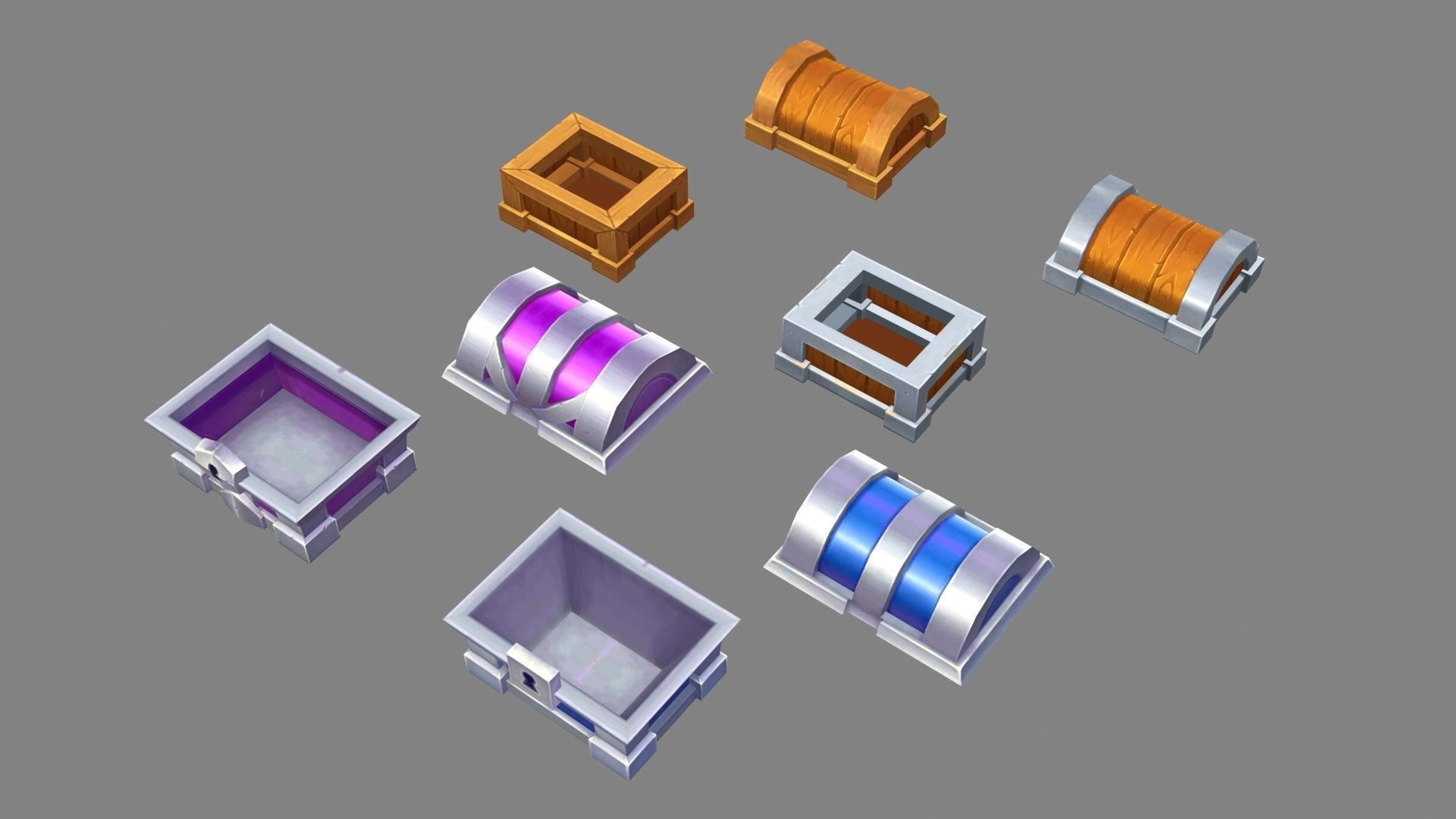 3D model cartoon treasure chests-wooden chest-metal chest-silver chest ...