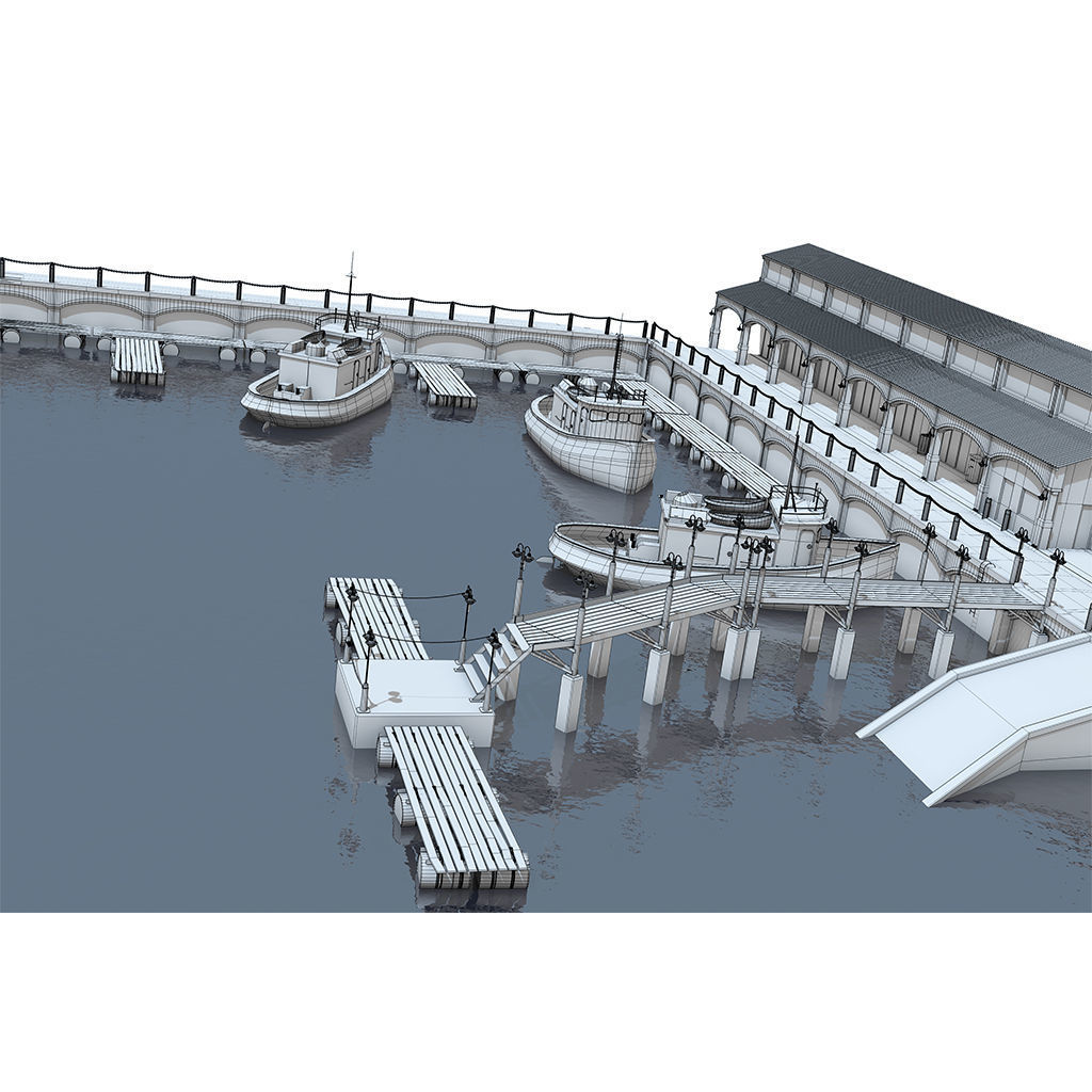 Untextured clay model of harbor pier and fishing boats - Update 3D ...
