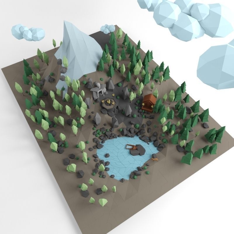 3D model Low poly lanscape mountain hill tree lake and other items VR ...
