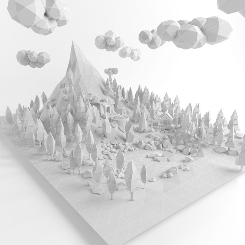 3D model Low poly lanscape mountain hill tree lake and other items VR ...