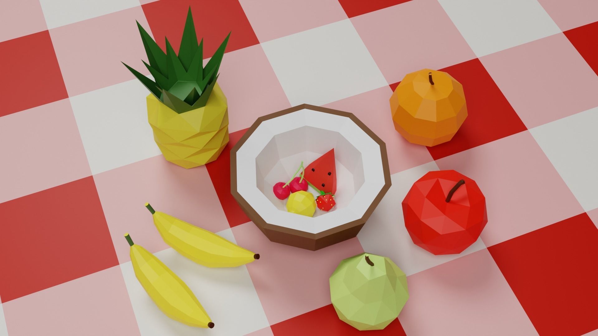 Low poly fruits fruit on checkered table 3D model | CGTrader