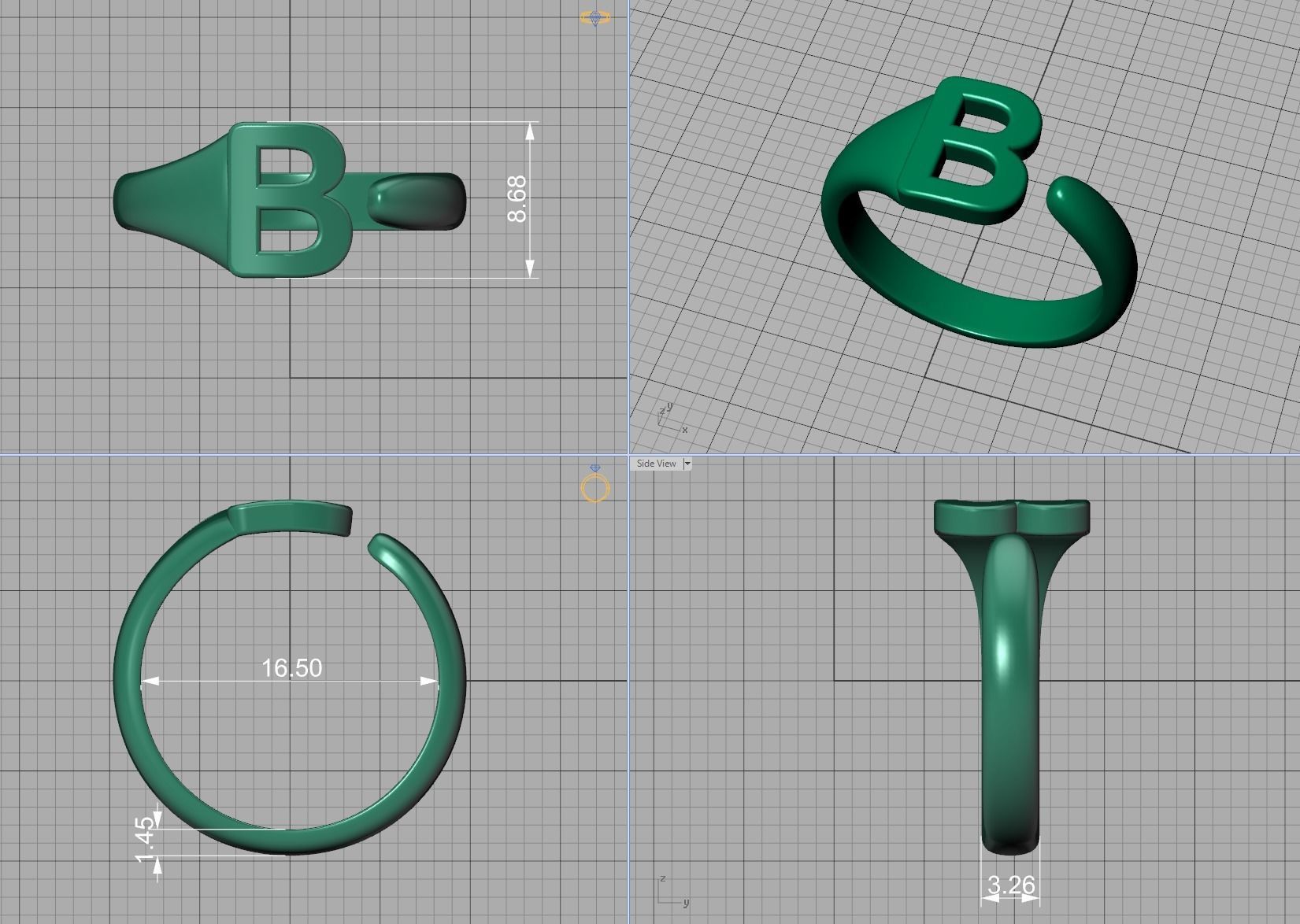 B Letter Ring Initial letter Ring Open ring Personalized ring 3D model ...