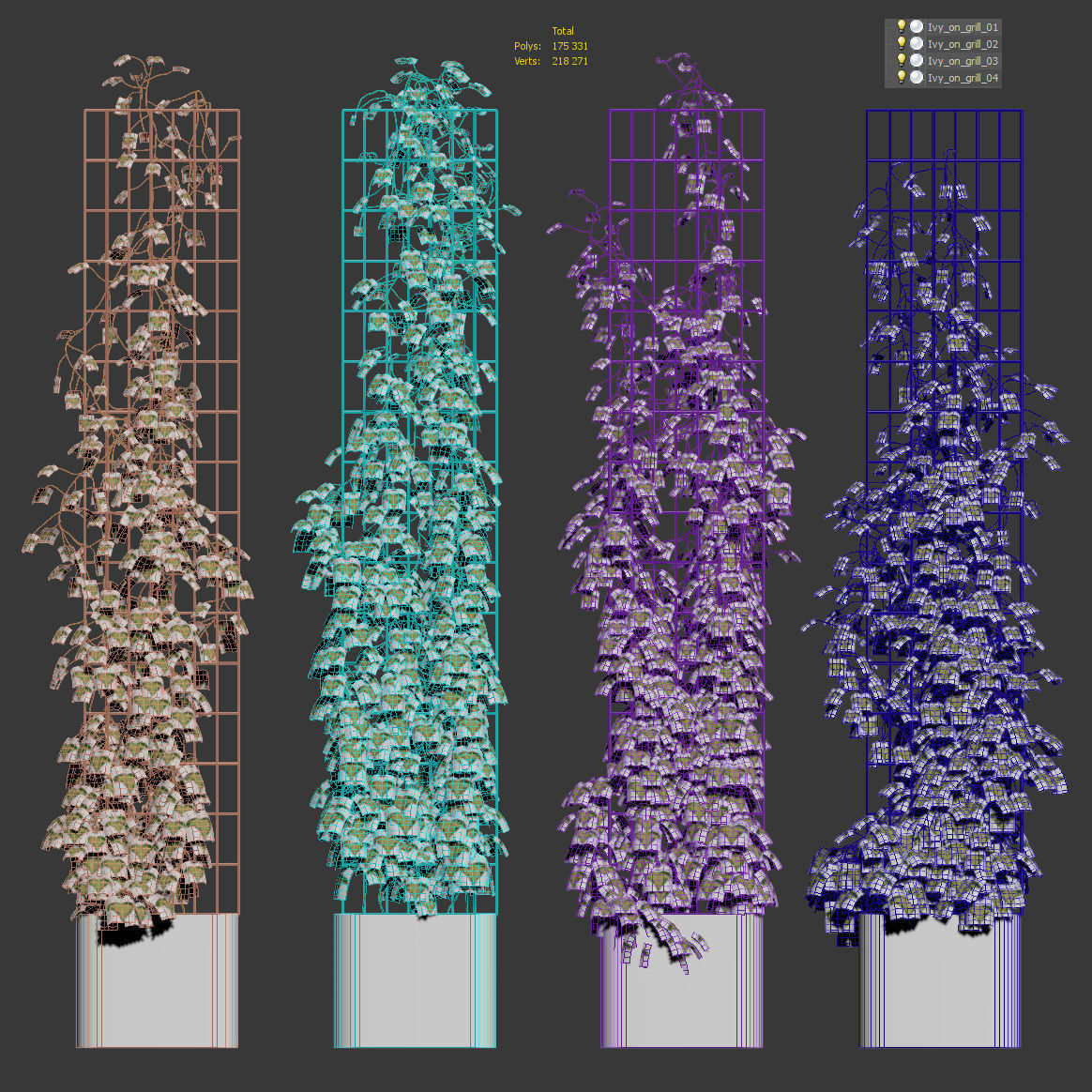4 models of ivy on a wire rack in a planter 3D model | CGTrader