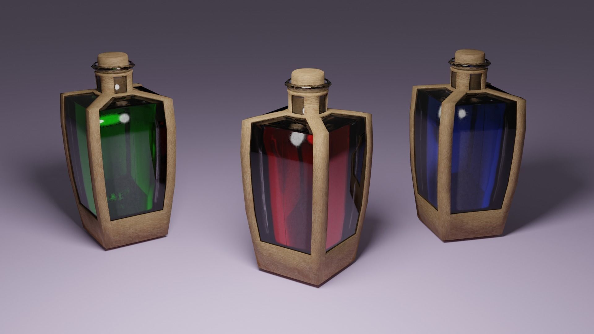 3D model Low Poly Potions set of colored glass bottles VR / AR / low ...
