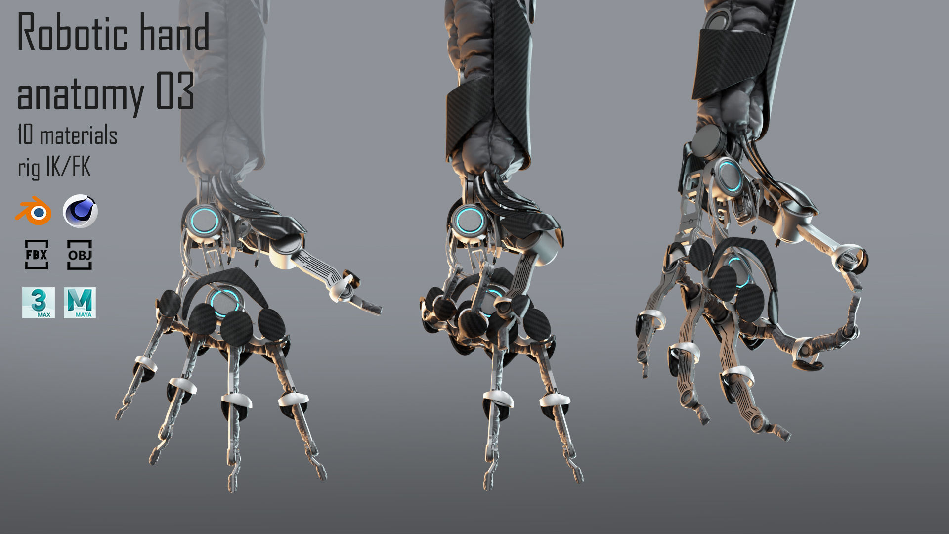 Robotic hand anatomy 03 3D model animated rigged | CGTrader