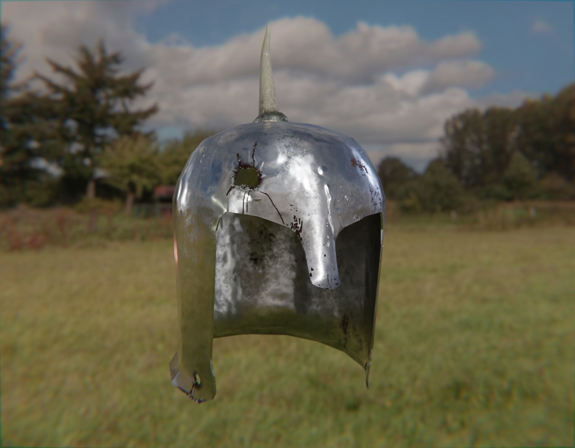 3D model Medieval one horn damaged knight helmet VR / AR / low-poly ...