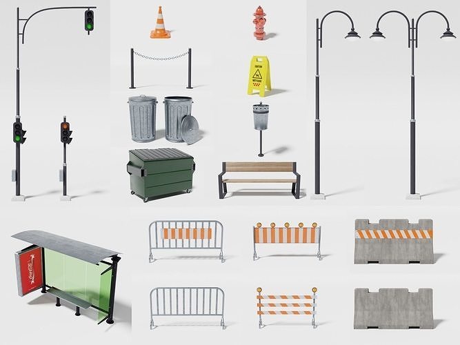 3D model Street elements pack v4 VR / AR / low-poly | CGTrader