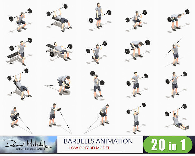 3D model Barbells Worksout Animation Bundle VR / AR / low-poly rigged ...
