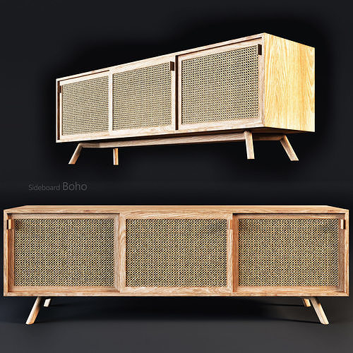 Sideboard-Boho sideboard made of wood and rattan 3D model | CGTrader