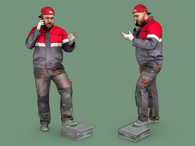 Stylized Bald Worker in Overalls Talking on the Phone 3D model | CGTrader