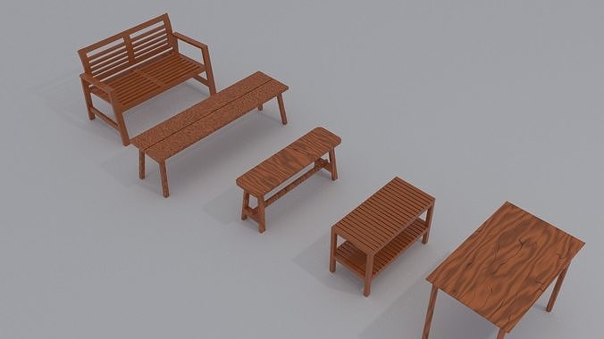 3d Furniture set of wooden benches free VR / AR / low-poly 3D model ...