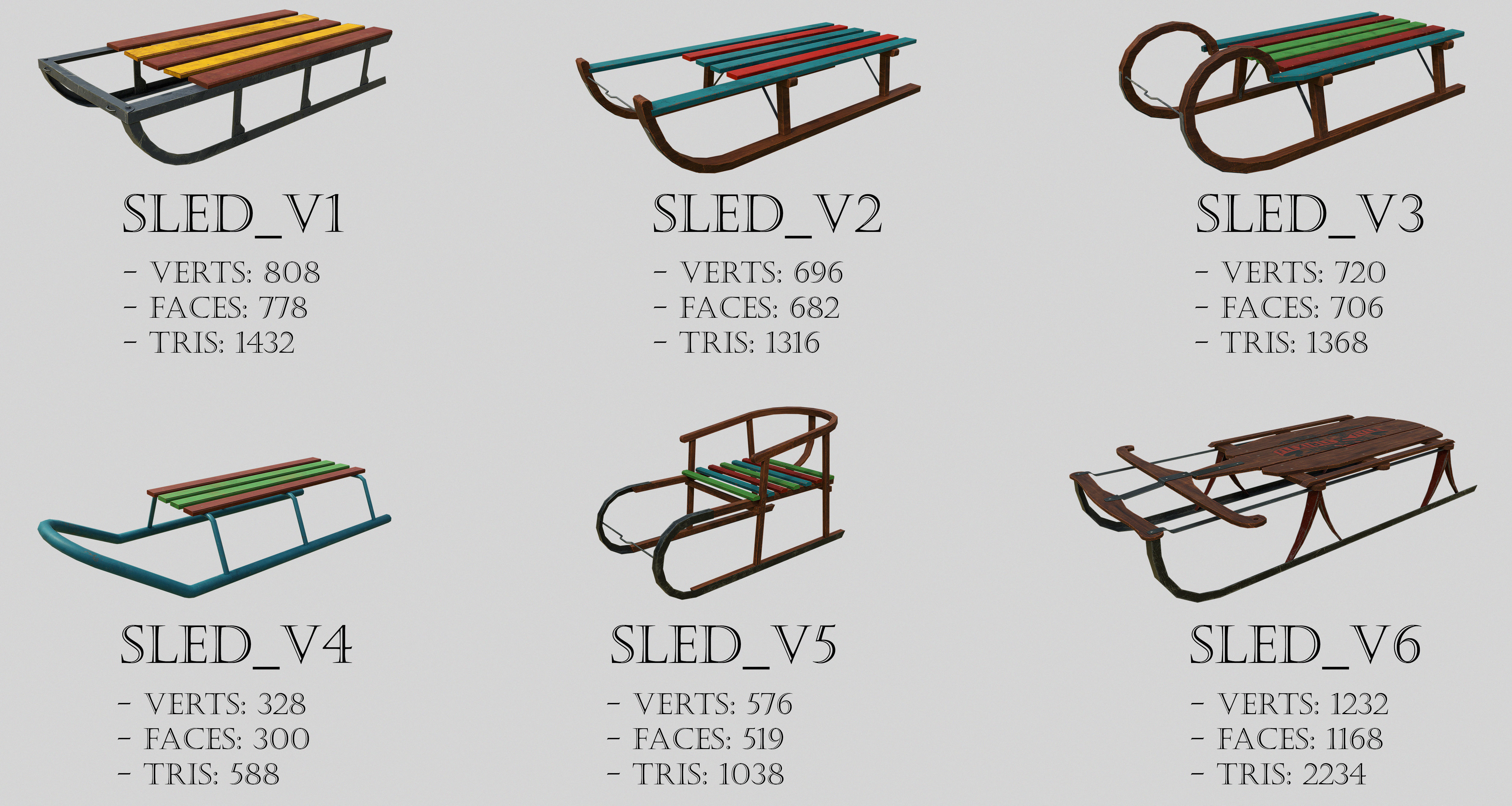 3D model Christmas Set of 6 Old Wooden Sleds VR / AR / low-poly | CGTrader