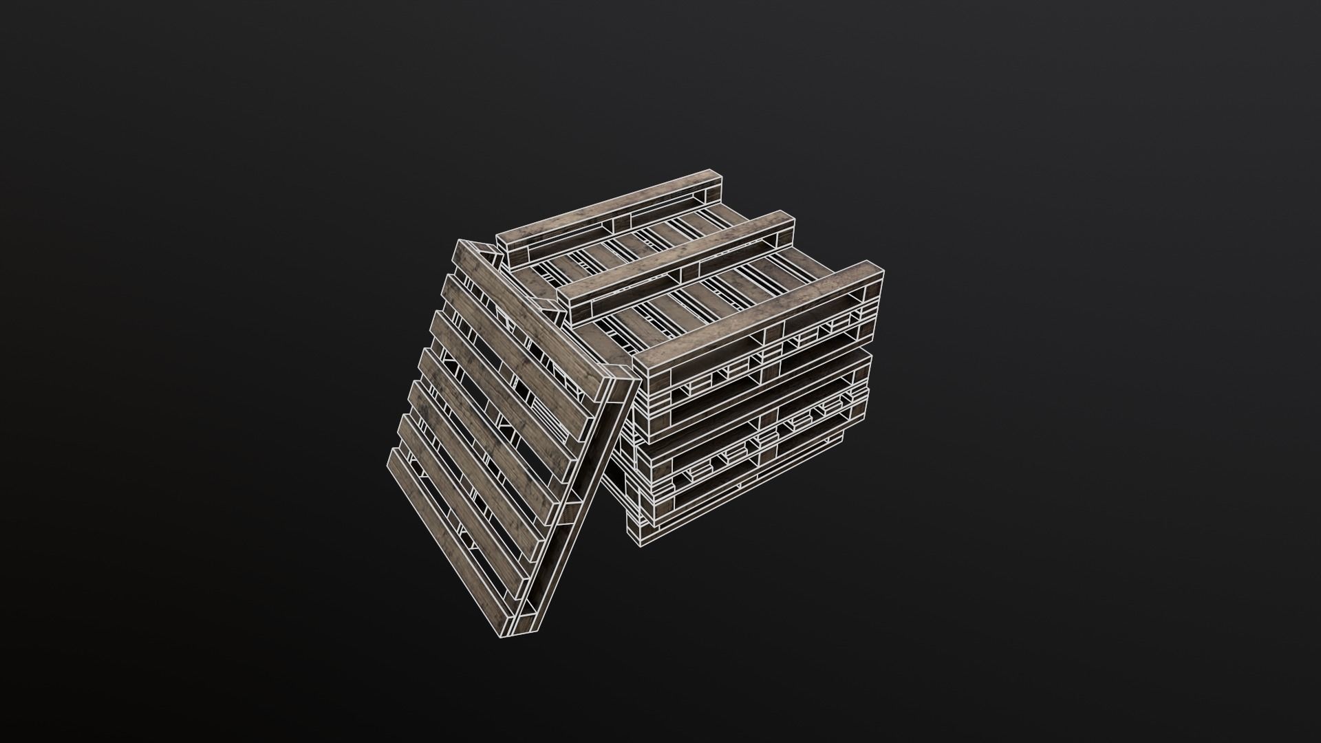 3D model Beveled stack of old universal pallets with 3 supports VR / AR ...