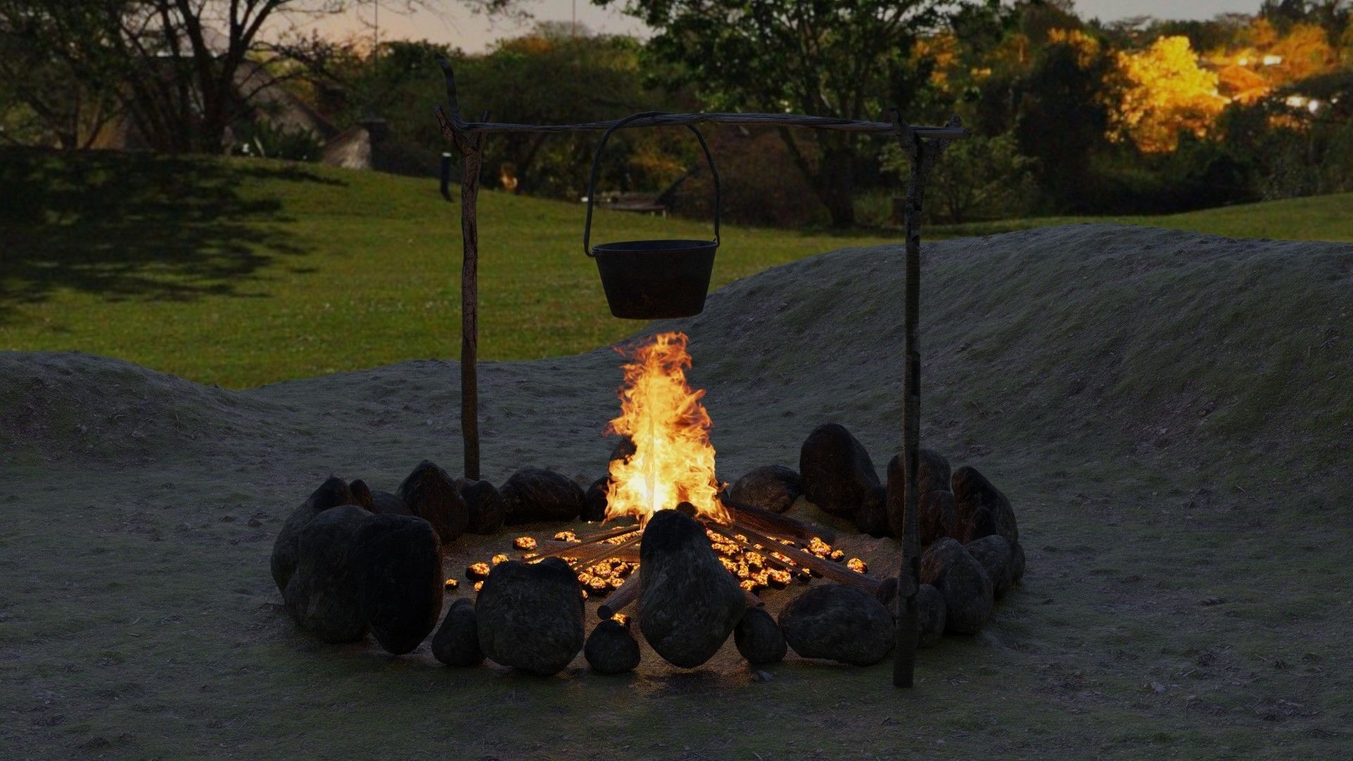 Bonfire with a rusty charred bowl 3D model | CGTrader