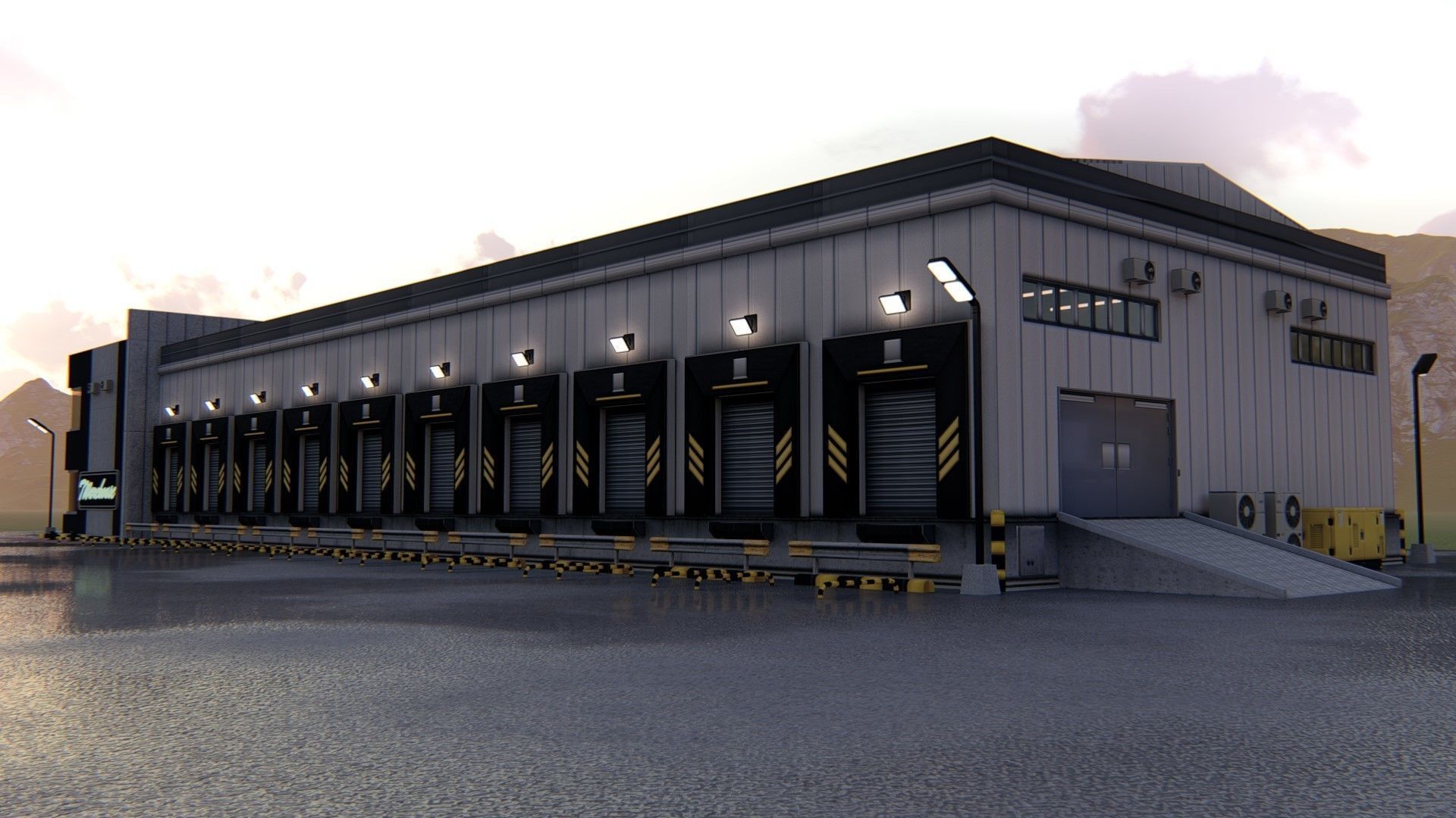 Warehause commercial building in middle of street 3D model | CGTrader