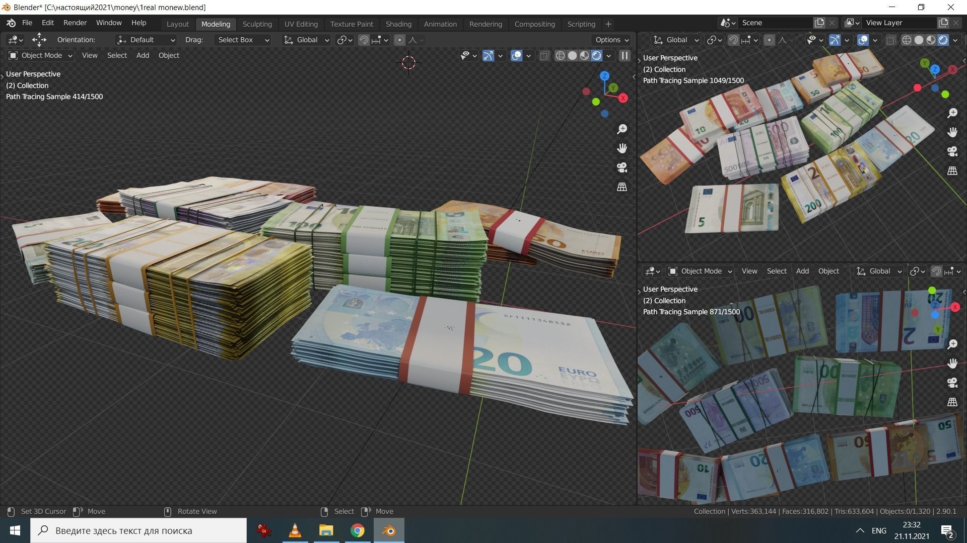 3D model 3d Stack of Euro Money Banknote Pack golden banknote model VR ...