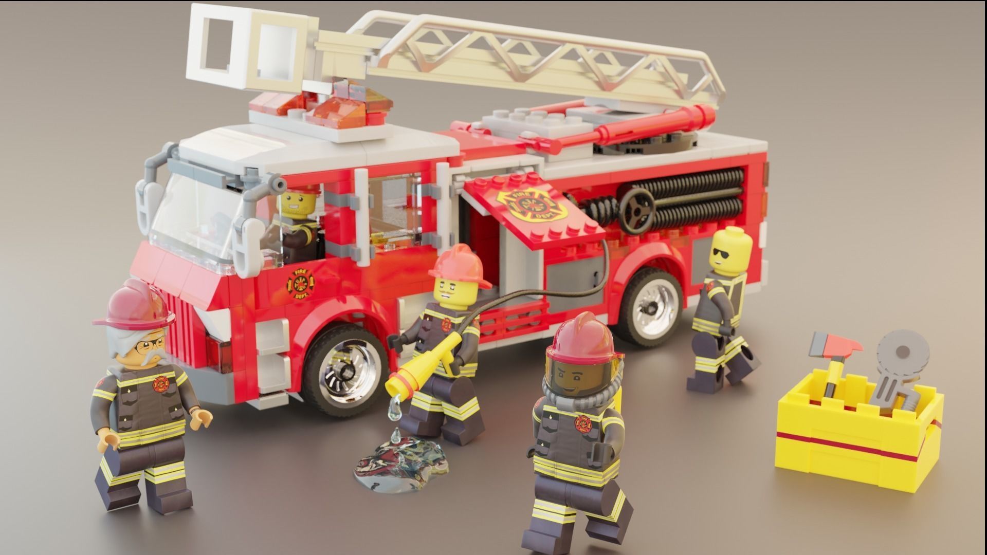 Lego Firetruck with Firefighter Squad 3D model rigged | CGTrader