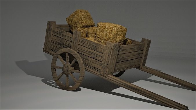 3D model Low Poly Cart wooden wagon with bales of hay VR / AR / low ...