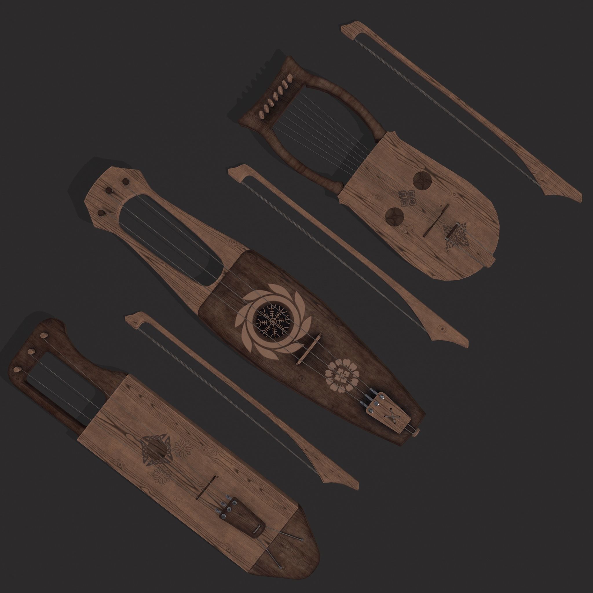 3D Model Collection Three Nordic String Instruments Pack VR / AR / low ...
