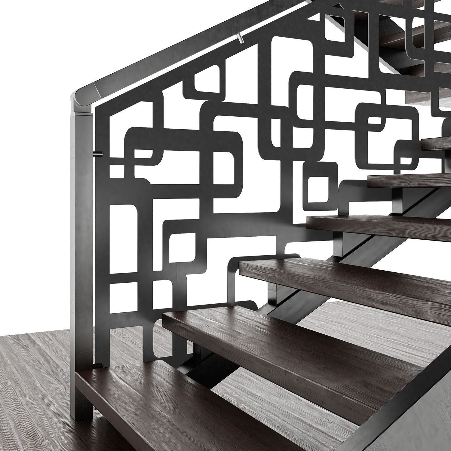 Staircase with laser cut metal balustrade panels 3D model | CGTrader