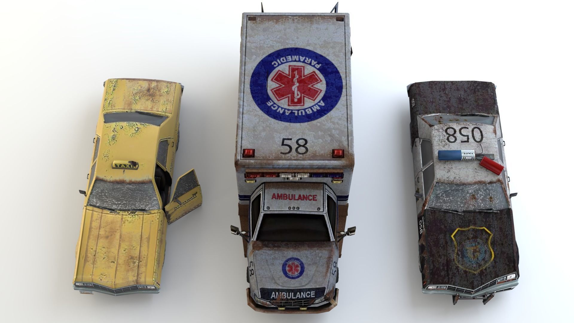3D model Old Rusty ambulance police and taxi car mini pack VR / AR ...