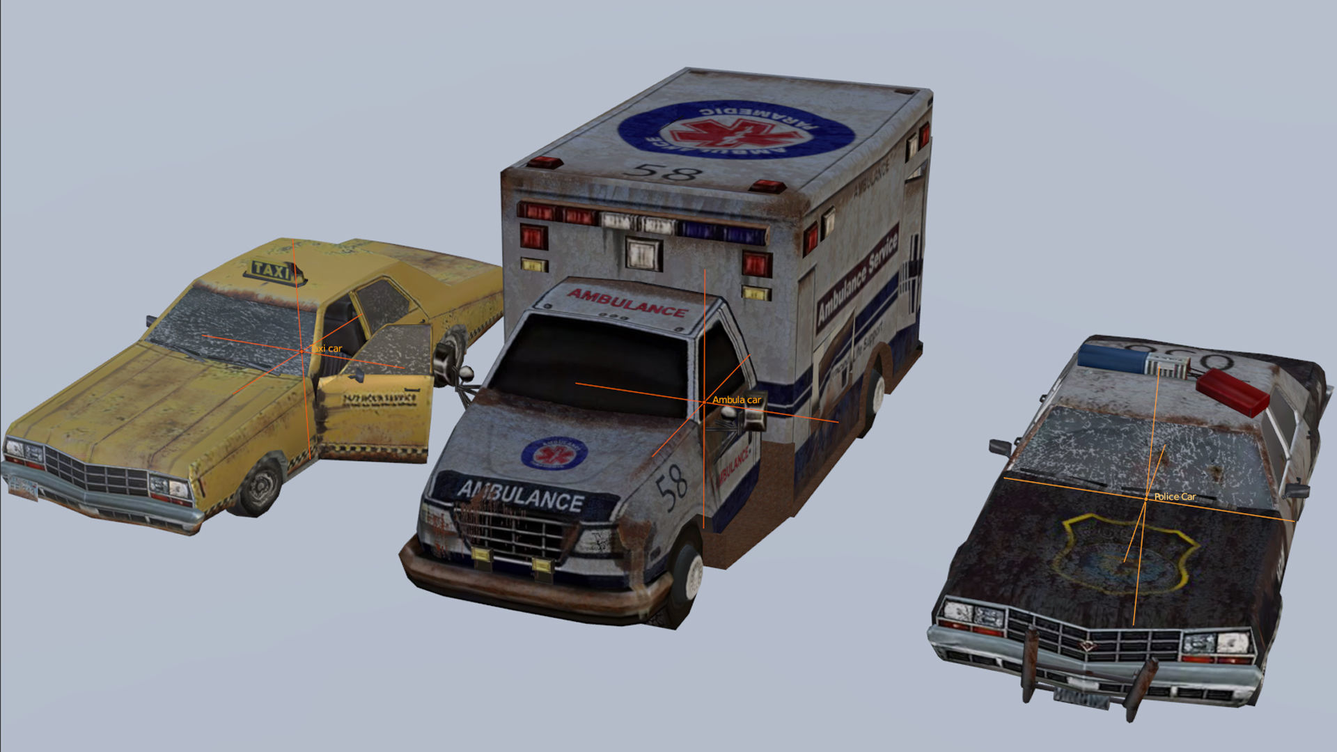 3D model Old Rusty ambulance police and taxi car mini pack VR / AR ...