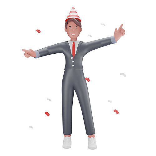 3D model 3d man character celebrating with party hat confetti VR / AR ...