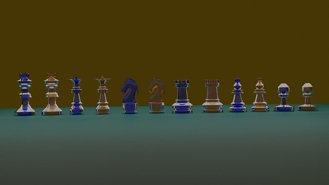 Chess Yellow and Blue Glass Pieces Set 3D model | CGTrader