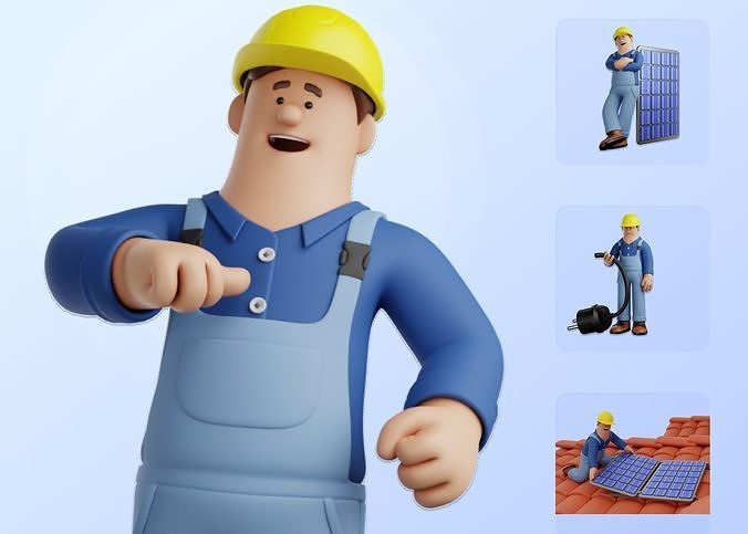 Cartoon Worker Man Rigged - Solar Power Installer Pack 3D model ...