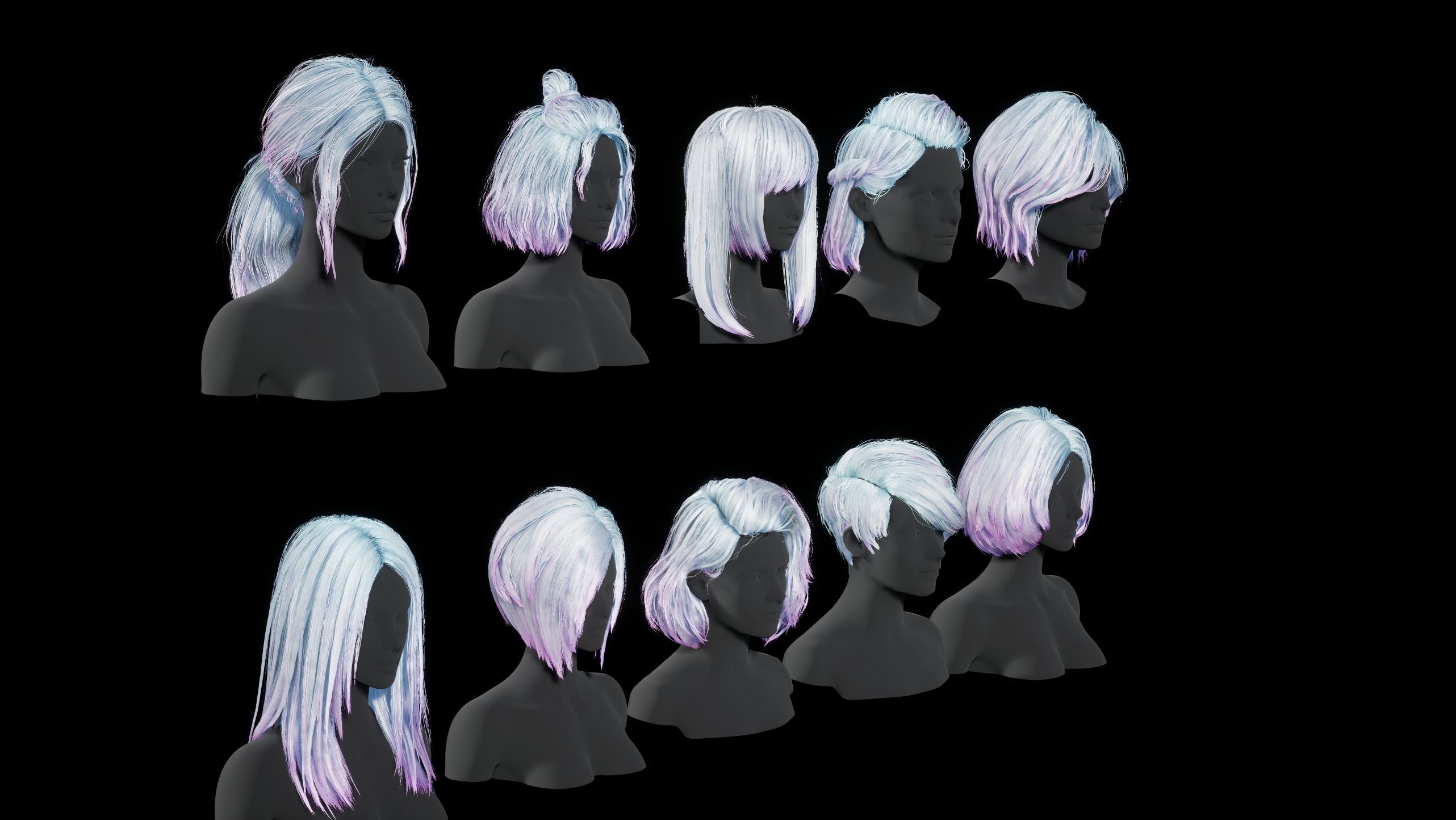 3D model Hairstyle pack x10 pieces Real-Time cards Rigging Skining VR ...