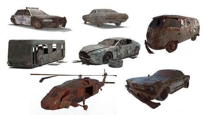 3D model Game ready Abandoned damaged wrecked Vehicle collection model ...