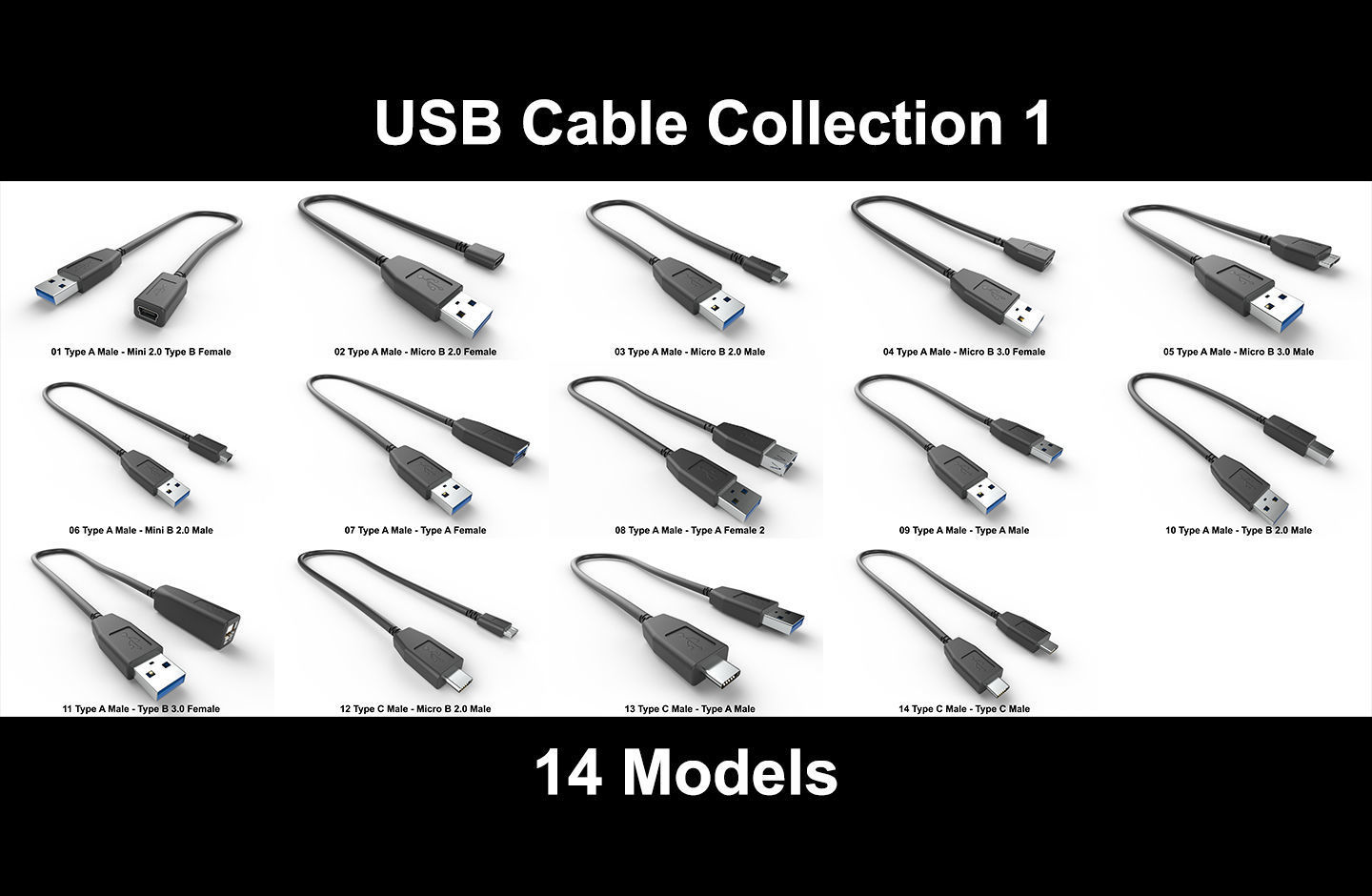 Usb Cable Collection 1 - 14 Types | CGTrader