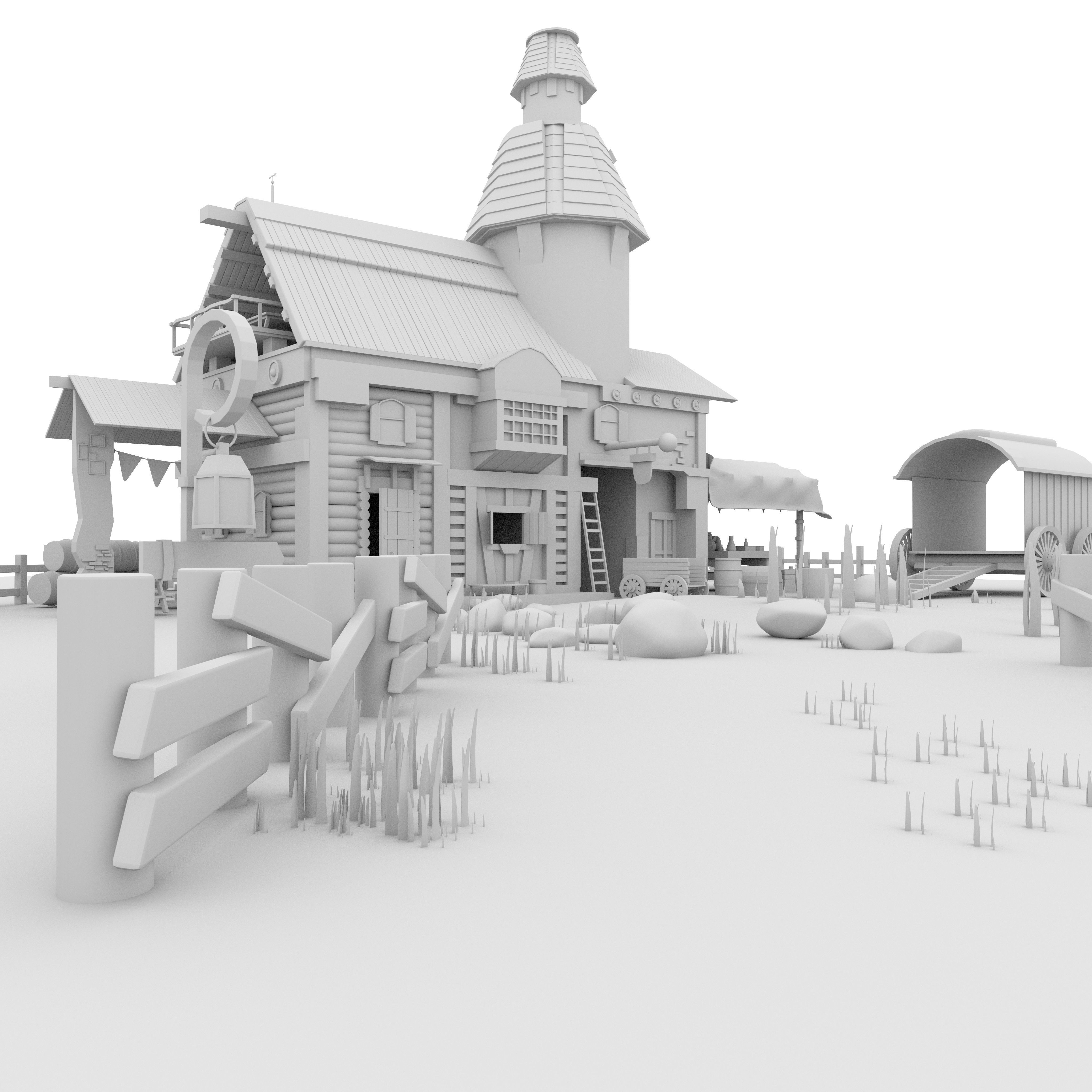 Enviroment 3D Model village with wooden fence 3D model | CGTrader