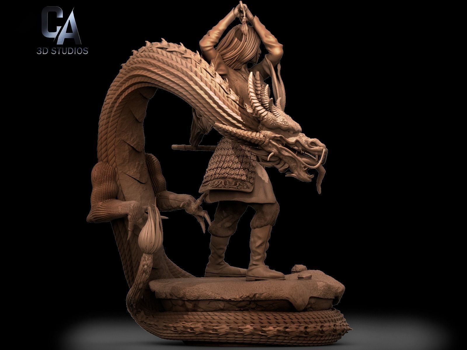 Mulan 3D Print wooden statue with dragon 3D model 3D printable | CGTrader
