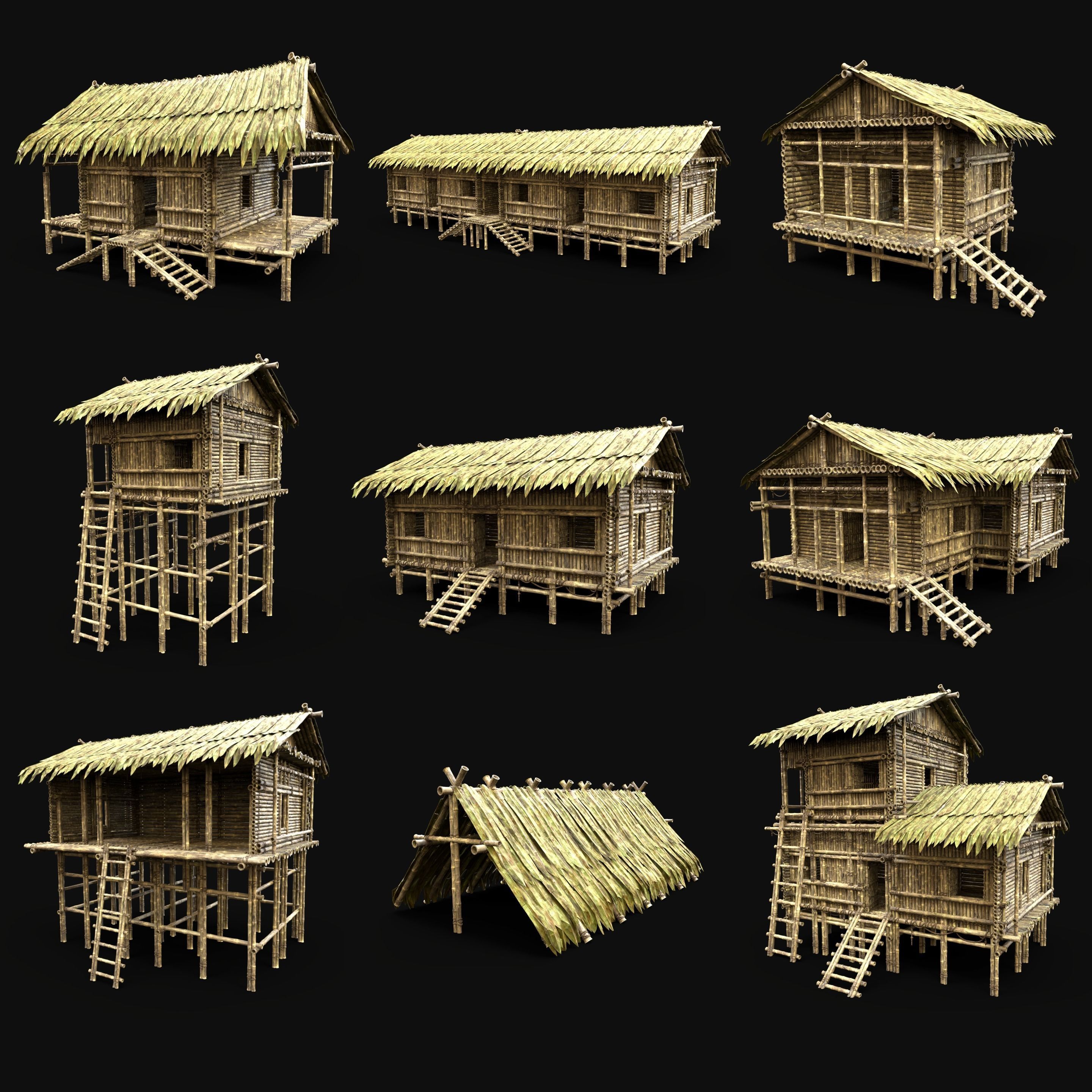 3D Model Collection BAMBOO HOUSE SHELTER JUNGLE HUT CASTAWAY SURVIVAL ...