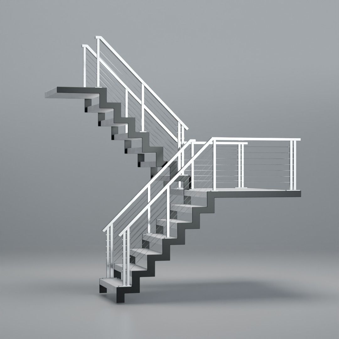 3D model U shaped stairs with concrete steps and stainless steel ...