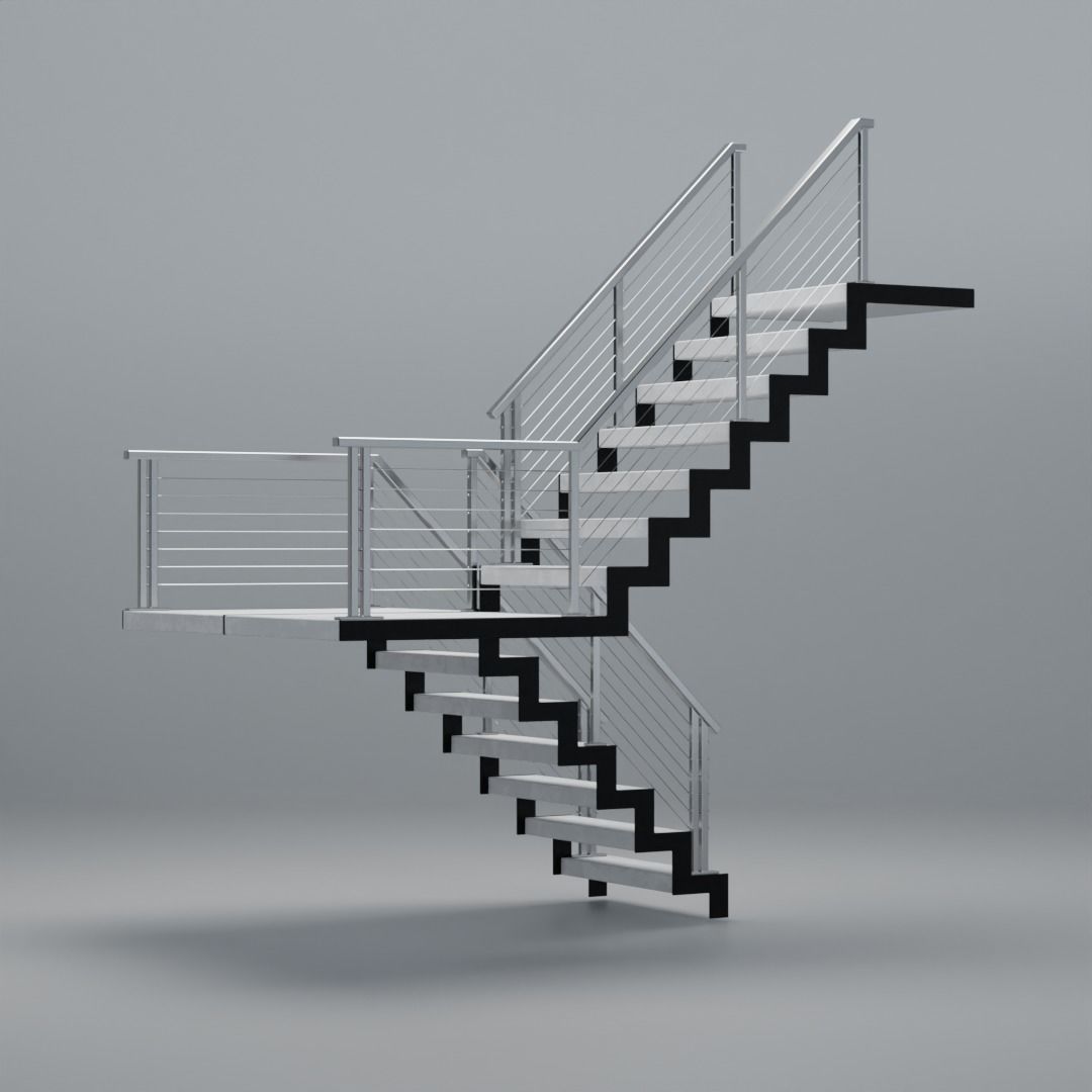 3D model U shaped stairs with concrete steps and stainless steel ...