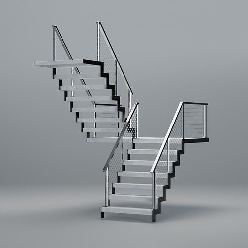 3D model U shaped stairs with concrete steps and stainless steel ...