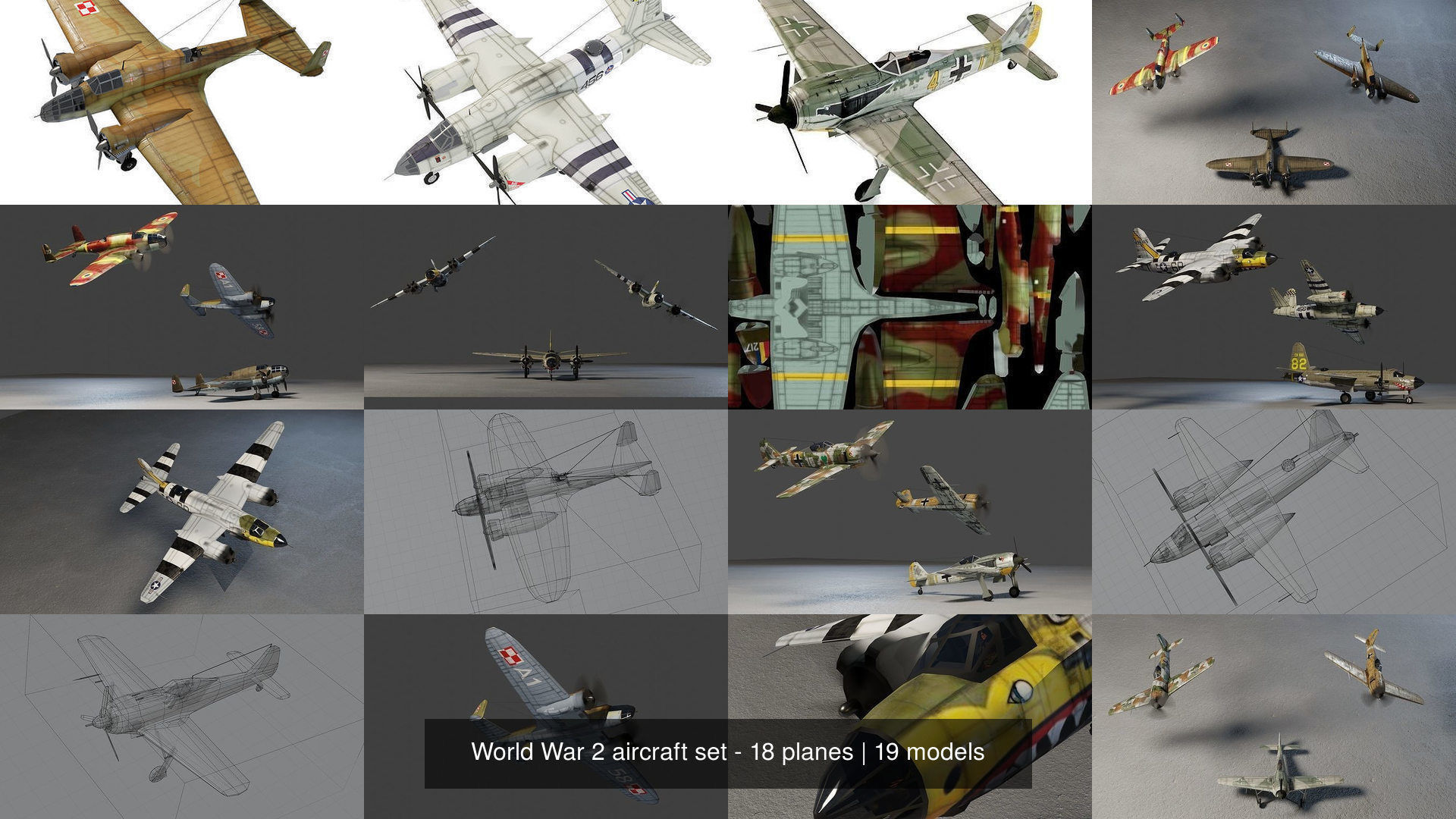 3D Model Collection World War 2 aircraft set - 21 planes VR / AR / low ...