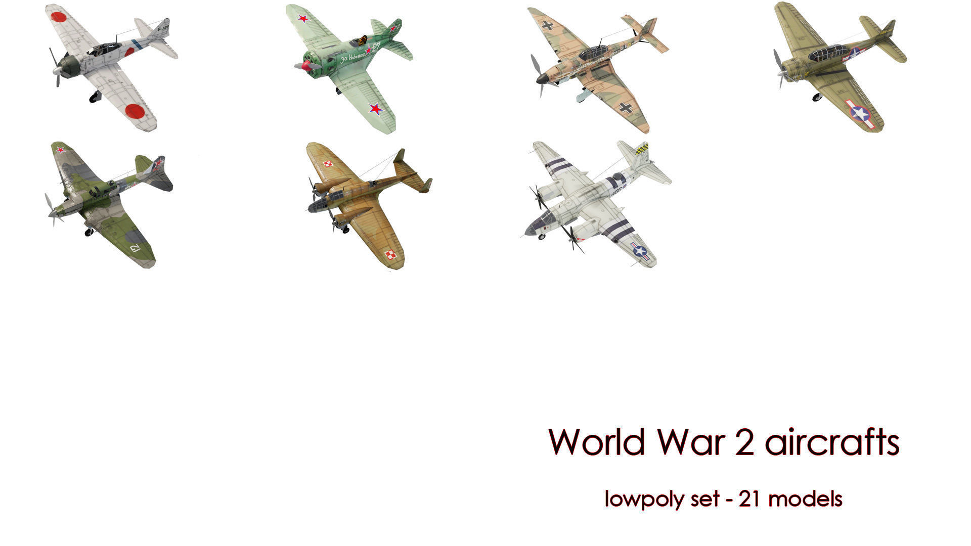 3D Model Collection World War 2 aircraft set - 21 planes VR / AR / low ...