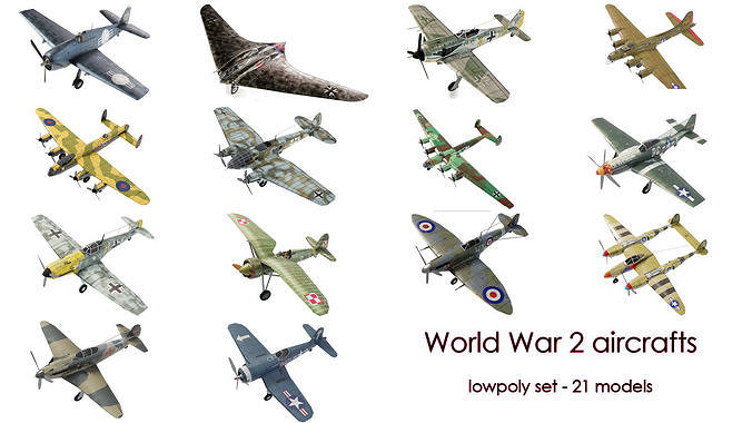 3D Model Collection World War 2 aircraft set - 21 planes VR / AR / low ...
