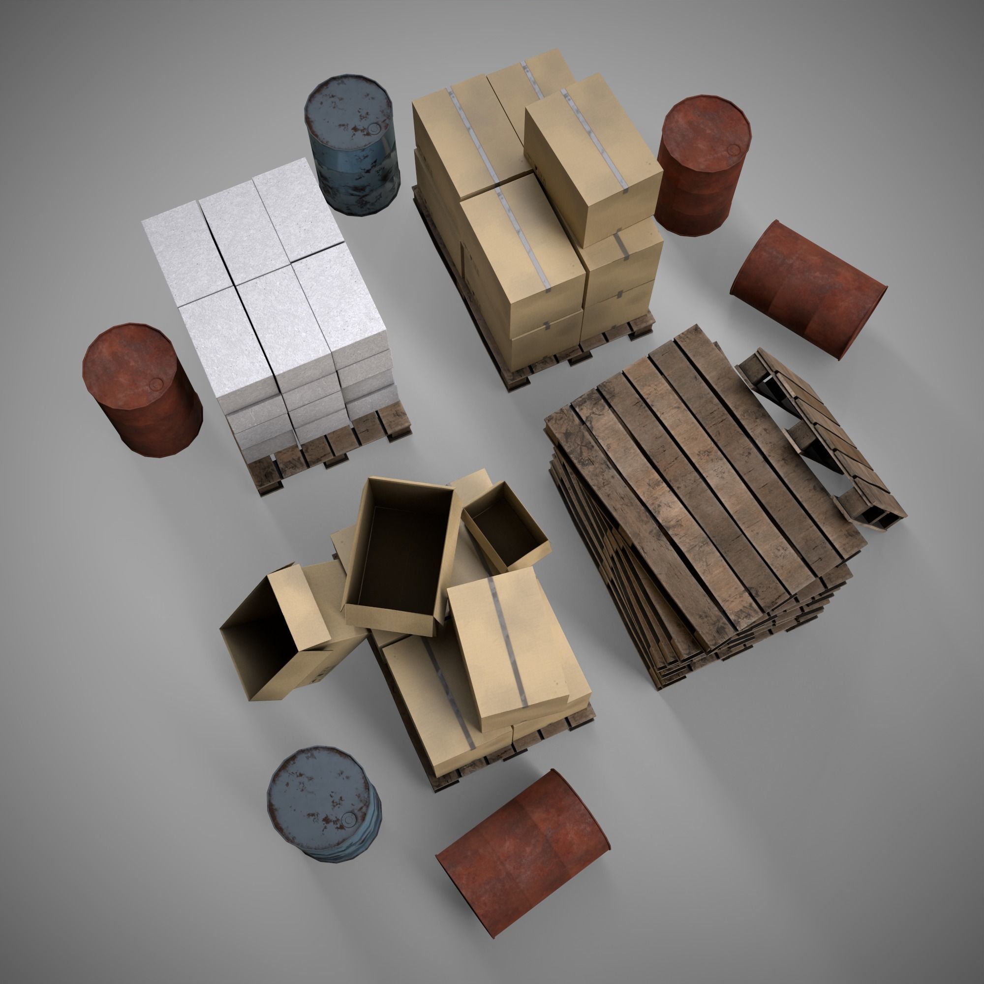 3D model Set of different materials boxes pallets blocks barrels VR ...