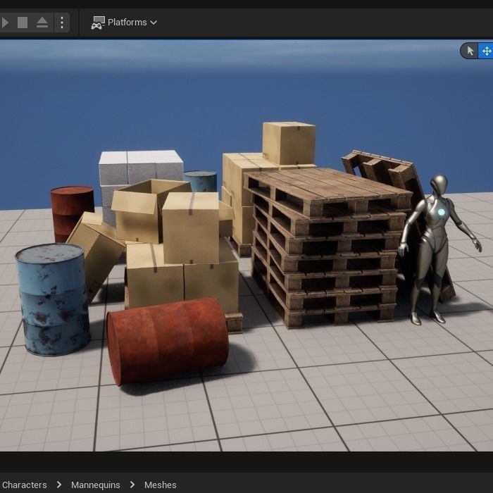 3D model Set of different materials boxes pallets blocks barrels VR ...