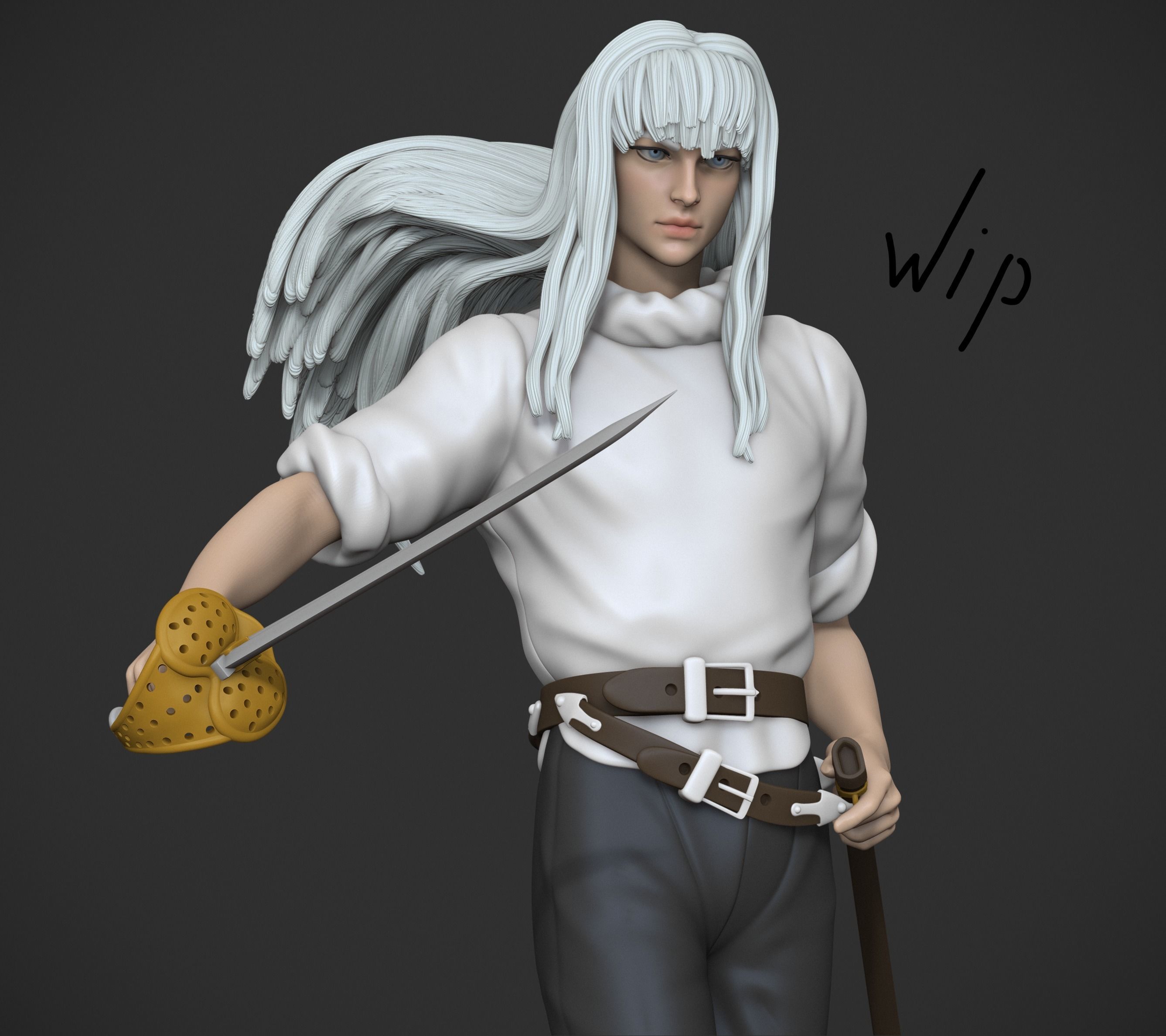 Griffith haired man holding sword 3D model 3D printable | CGTrader