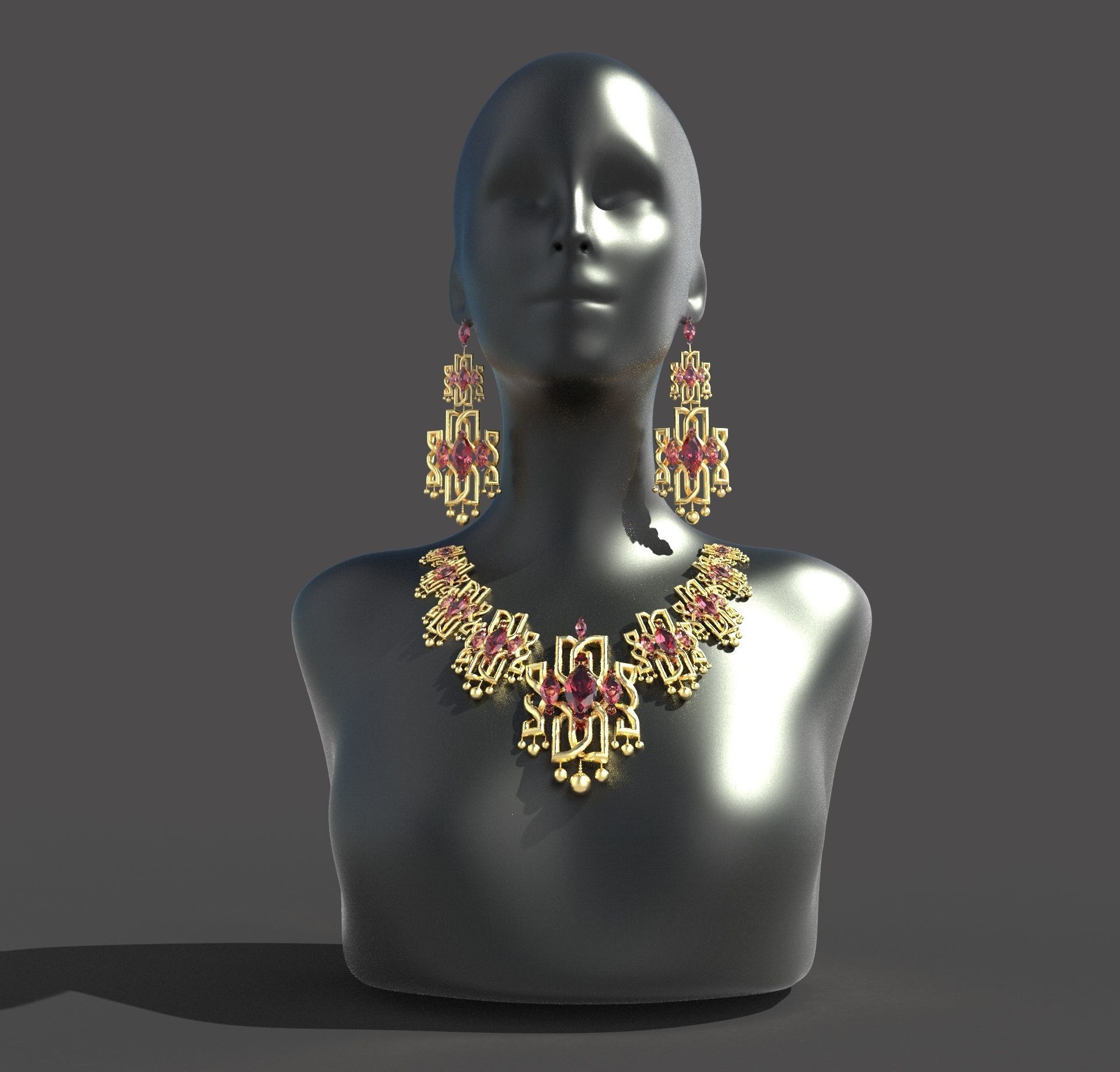 jwellery gold necklace and earrings set on mannequin 3D model | CGTrader